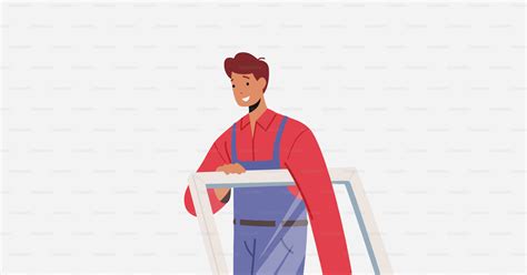 작업복을 입은 작업자는 아파트에 플라스틱 창을 설치하기 위해 프레임에 유리를 가지고 있습니다 계약자 남성 캐릭터 건설 작업 주택 개조 유지 보수 프로세스 만화 벡터