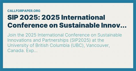 Sip 2025 2025 International Conference On Sustainable Innovations And Partnerships