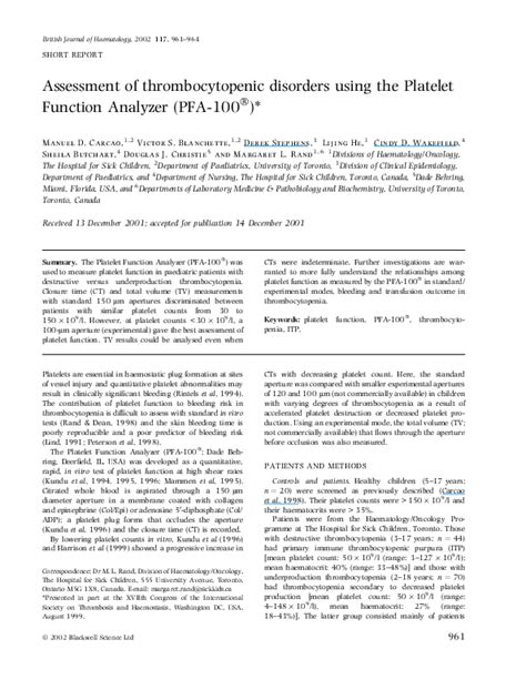 Pdf Assessment Of Thrombocytopenic Disorders Using The Platelet Function Analyzer Pfa 100 ®