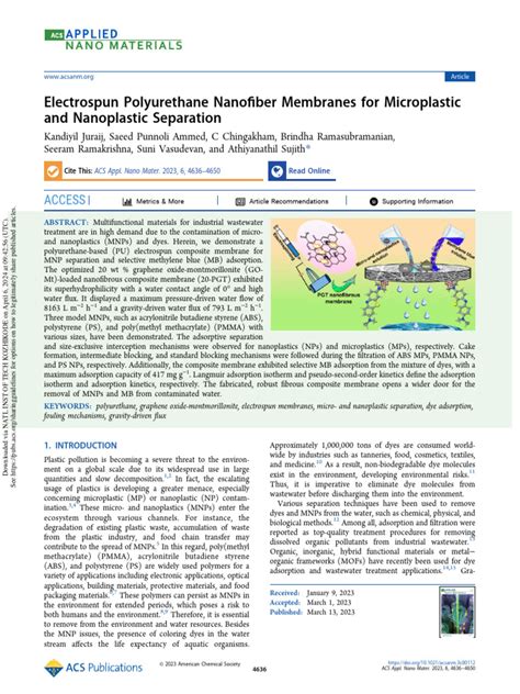 Juraij Et Al 2023 Electrospun Polyurethane Nanofiber Membranes For Microplastic And Nanoplastic