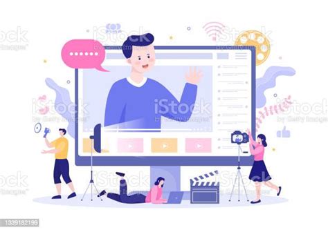 콘텐츠 제작자 배경 벡터 일러스트 의 프리랜서 블로거 및 비디오 동영상 블로거 프로덕션 포스터 또는 웹 디자인 템플릿에 사용할 수 있습니다 일러스트레이션에 대한 스톡 벡터