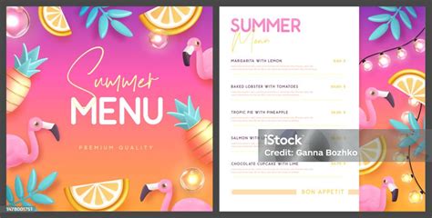 3d 플라스틱 야자수 잎 파인애플 플라밍고가 있는 레스토랑 여름 메뉴 디자인 벡터 그림 0명에 대한 스톡 벡터 아트 및 기타 이미지 Istock