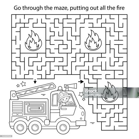 미로 또는 미로 게임 수수께끼 색칠 공부 페이지 개요 만화 소방관 또는 소방관과 소방차 소방 아이들을위한 색칠 공부 책 교육에 대한 스톡 벡터 아트 및 기타 이미지 Istock