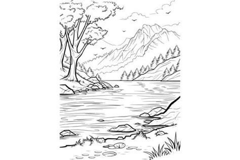 Beautiful Lake Scene Coloring Page Graphic By Forhadx5 · Creative Fabrica