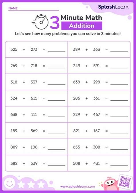 Add Two 3 Digit Numbers Horizontal Timed Practice Worksheet