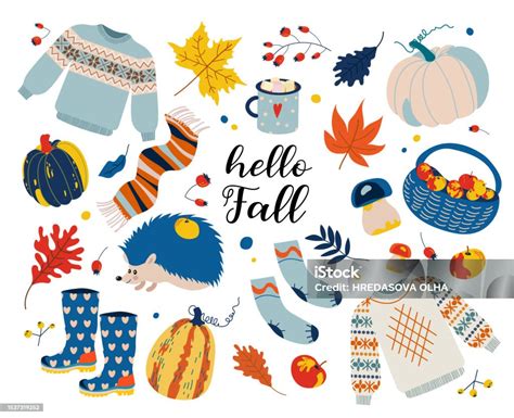 가을 아이콘 세트 떨어지는 나뭇잎 호박 스웨터 귀여운 고슴도치 부츠 사과 바구니 등 스크랩북 엽서 포스터에 적합한 가을 시즌 요소 10월에 대한 스톡 벡터 아트 및 기타