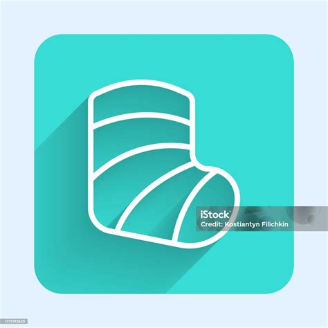 화이트 라인 석고 캐스트 의료 건강 부러진 다리 아이콘 긴 그림자로 고립되어 있습니다 녹색 사각형 버튼입니다 벡터 3차원 형태에 대한 스톡 벡터 아트 및 기타 이미지