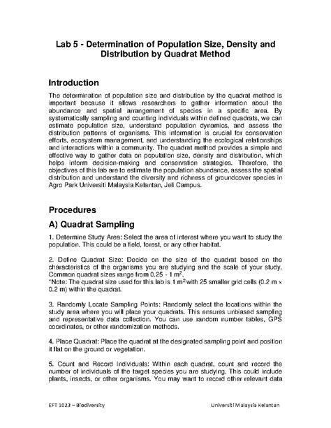 Lab 5 Manual Biodiversity 25 May 2024 Lab 5 Determination Of Population Size Density
