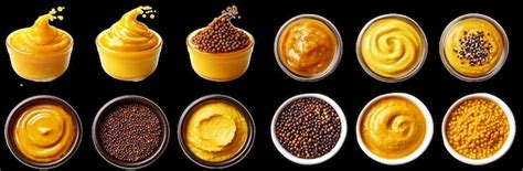 A Variety Of Mustard Types Displayed In Bowls Showcasing Different