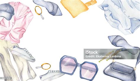 블레이저 바지 핸드백 신발 비쥬 흰색으로 분리된 상단 수채화 그림 여자의 여름 의상 손으로 그렸다 상점 상표 잡지 포장 진열장 Invintation를 위한 디자인 개인