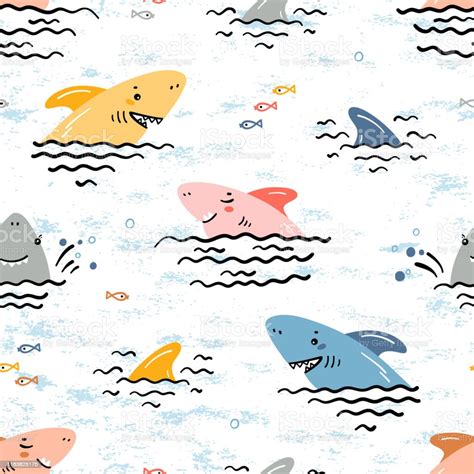 아이들을위한 다채로운 만화 여름 바다 배경 낙서 귀여운 상어 웃는 캐릭터와 상어 지느러미 바다 파도와 벡터 원활한 유치한 패턴 고래에 대한 스톡 벡터 아트 및 기타 이미지