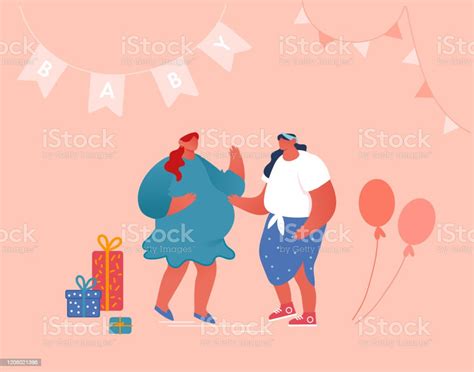 아기 샤워 이벤트 선물 공기 풍선과 화환 장식 방에서 임신 한 여성에게 이야기 여성 캐릭터 행복한 사람들 축하 곧 아기 생일 만화 평면 벡터 일러스트 가정의 방에 대한 스톡