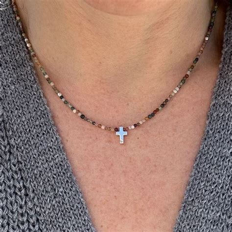 Multi Colored Dainty Jasper And Silver Cross Necklace Yellowstone Sp