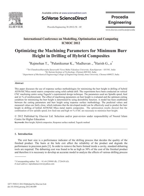 Pdf Optimizing The Machining Parameters For Minimum Burr Height In Drilling Of Hybrid Composites