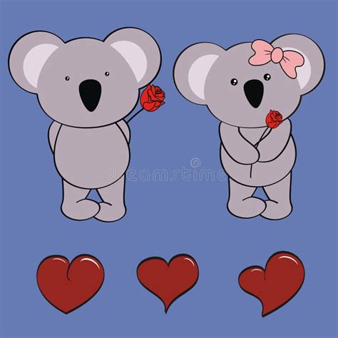 Kawaii Koala Girl And Boy Holding A Red Rosse Valentine Couple Stock