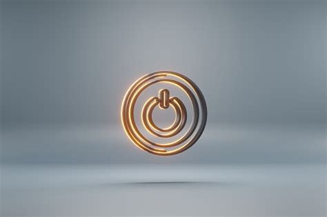 파란색 배경에 노란색 조명 기호 아이콘이 있는 아름다운 검은색 라운드 전원 버튼 3d 렌더링 그림입니다 디자인을 위한 배경 패턴입니다 0명에 대한 스톡 사진 및 기타 이미지