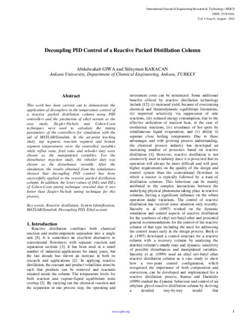 Pdf Modelling Simulation And Optimization Of A Reactive Distillation Process Using Minitab