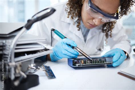 Programming Hardware Repair And Black Woman Electrician Working On Cpu
