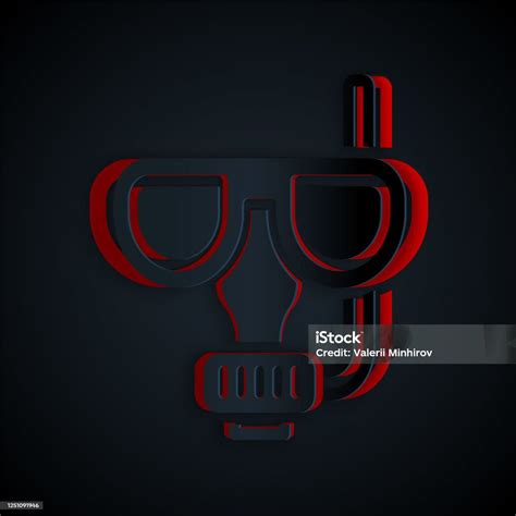 검은 색 배경에 격리 된 다이빙 마스크와 스노클링 아이콘을 잘라 종이 익스트림 스포츠 다이빙 수중 장비 종이 아트 스타일 벡터 3차원 형태에 대한 스톡 벡터 아트 및 기타