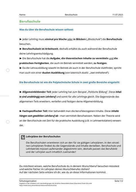Arbeitsblatt Berufsschule Schulorganisation Sonstige Tutory De