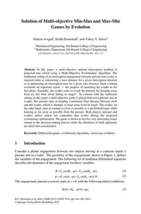 Pdf Solution Of Multi Objective Min Max And Max Min Games By Evolution