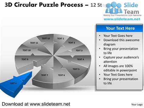 3 D Pie Chart Circular Puzzle With Hole In Center Process 12 Stages