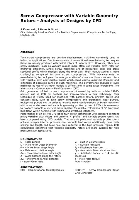 pdf screw compressor with variable geometry rotors analysis of designs by cfd