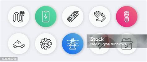세트 라인 전기 타워 라인 Led 전구 자동차 벼락 장갑 확장 도구 상자 전기 기술자 및 전기 콘센트 아이콘이 있는 글로벌 행성 벡터 Led 조명에 대한 스톡 벡터 아트 및