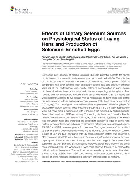 Pdf Effects Of Dietary Selenium Sources On Physiological Status Of Laying Hens And Production