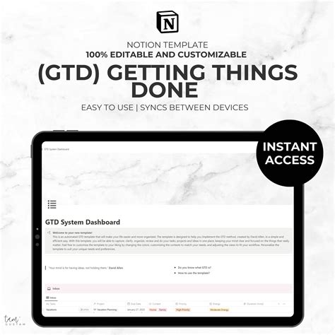 Gtd Notion Template Gtd Notion Dashboard Gtd Planner Productivity