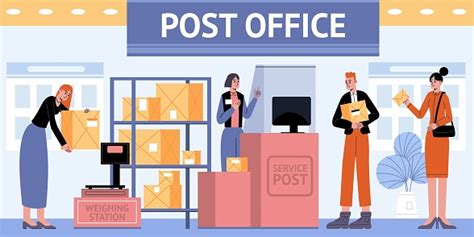 우체국에 있는 사람들 메일 배달 서비스의 직원 및 방문자 비용 계산 편지 및 소포 배송 저울에 상자를 계량합니다 카운터의 우편 배달부 벡터 개념 우체부에 대한 스톡 벡터