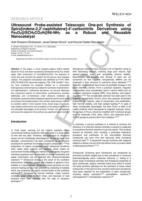 Pdf Ultrasound Probe‐assisted Telescopic One‐pot Synthesis Of Spiro[indene‐2 2‐naphthalene]‐4