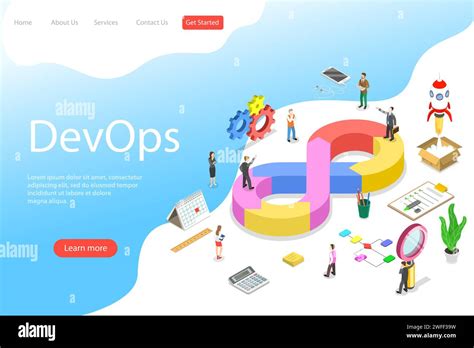 isometric flat vector landing page template of devops development and
