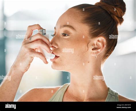 Woman Sports Or Breathe Asthma Pump For Helping With Health Risk Cough Treatment Or Air For