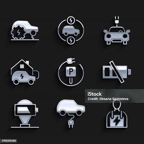 충전 주차 전기 자동차 전기 자동차 정비사 배터리 부족 배터리 충전 집 및 서비스 아이콘을 설정합니다 벡터 가득 찬에 대한 스톡 벡터 아트 및 기타 이미지 Istock
