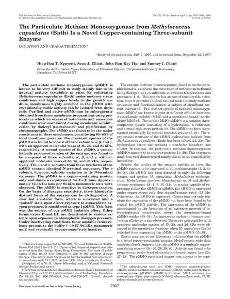 Pdf The Particulate Methane Monooxygenase From Methylococcus Capsulatus Bath Is A Novel