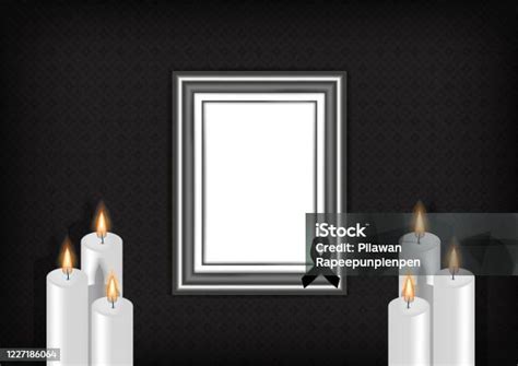 블랙 존경 리본 텍스처 배경 배너에 프레임과 촛불 애도 기호를 조롱 휴식 평화 장례 카드 벡터 일러스트 Charitable