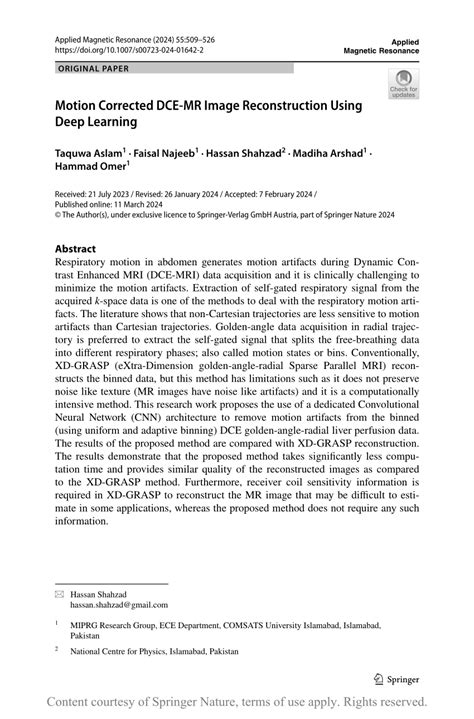 Motion Corrected Dce Mr Image Reconstruction Using Deep Learning Request Pdf