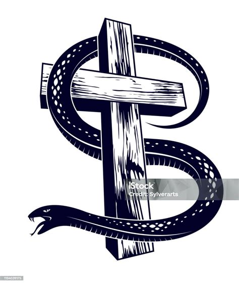 크로스 빈티지 문신에 뱀 뱀이 기독교 십자가 하나님과 악마 비유 선과 악 상징적 벡터 일러스트 레이 션 또는 상징 사이의 투쟁 주위를 감싸 십자형에 대한 스톡 벡터 아트 및