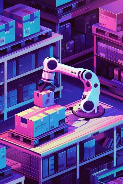isometric illustration of a smart automated robotic arm holding a box