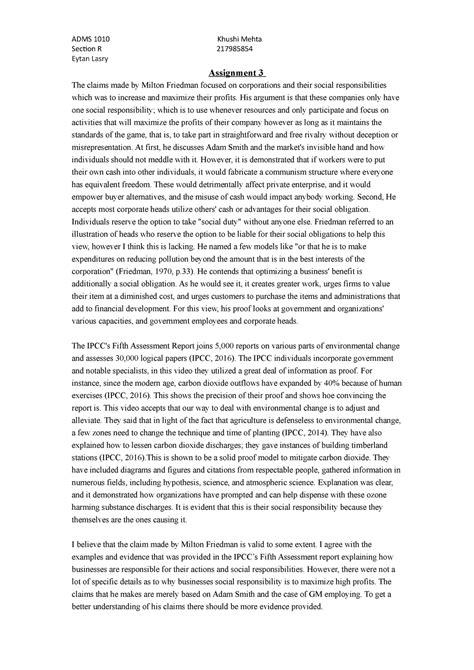 Assignment 3 Adms 1010 Adms 1010 Khushi Mehta Section R 217985854 Eytan Lasry Assignment 3