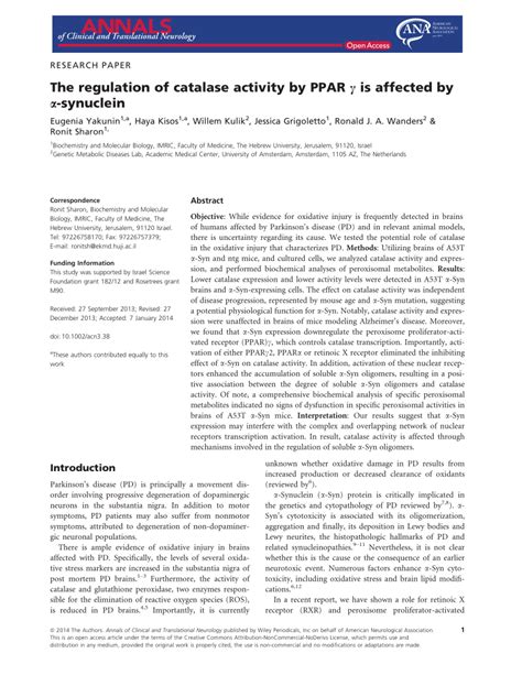 Pdf The Regulation Of Catalase Activity By Ppar γ Is Affected By α Synuclein