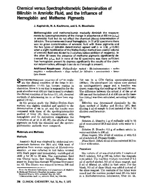 Pdf Chemical Versus Spectrophotometric Determination Of Bilirubin In Amniotic Fluid