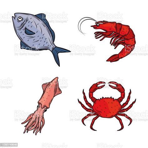 해산물 생선 게 오징어 새우 메뉴 미식가 신선한 아이콘 고립 된 이미지 건강한 식생활에 대한 스톡 벡터 아트 및 기타 이미지