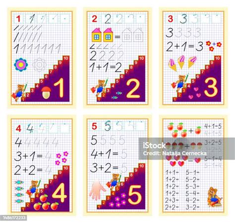 1에서 5까지의 숫자를 가진 어린이를 위한 정사각형 종이에 교육 페이지 세트 색칠 공부 쓰기 계산 그리기 및 추적 기술 개발 어린이 학교 교과서를 위한 인쇄 가능한 워크시트