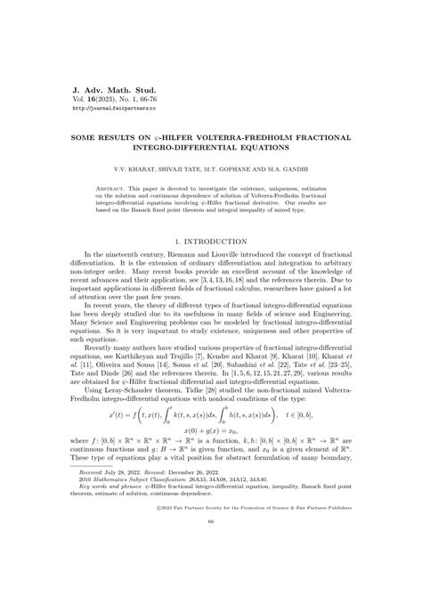 Pdf Some Results On ψ Hilfer Volterra Fredholm Fractional Integro Differential Equations