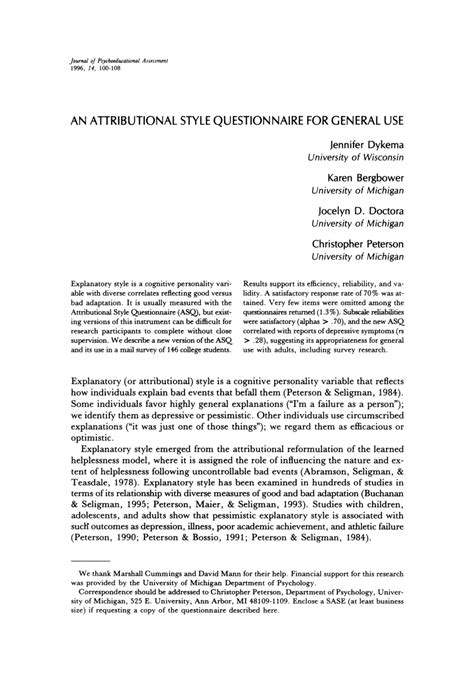 Pdf An Attributional Style Questionnaire For General Use