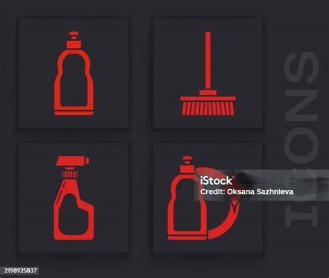 액체 식기 세척액용 플라스틱 병 세제 액체가 있는 걸레 및 청소 스프레이 병 아이콘 설정 벡터 가사 집안일에 대한 스톡 벡터 아트 및 기타 이미지 Istock