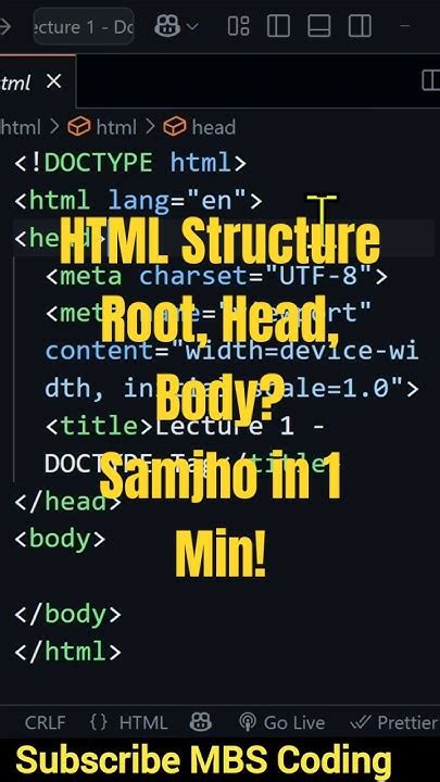 Html Root Element Head And Body Explained In 1 Minute Webdev 9 Shorts Html Htmltutorial