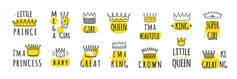 손으로 그린 크라운 왕자와 공주 왕 또는 여왕 낙서 요소 노란색 얼룩과 낙서 글꼴 레터링 제국 머리 장식 재미있는 스티커 벡터 로얄 기호 세트 여왕에 대한 스톡 벡터 아트
